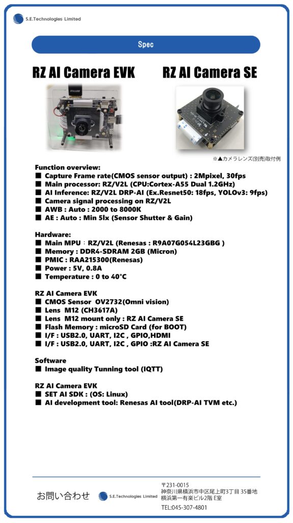 【新製品情報】エッジAI内蔵カメラ『RZ AI Camera』に関するお知らせ | S.E.Technologies Limited